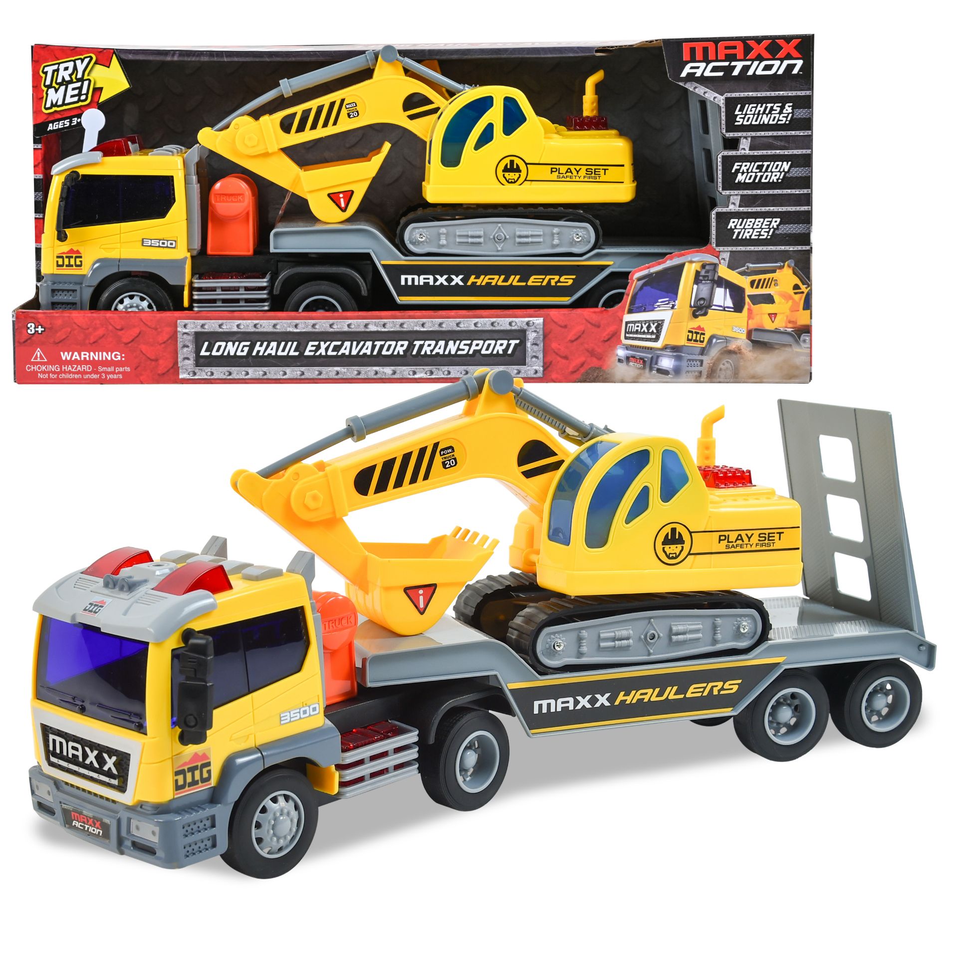 SunnyDays | MAXX ACTION REALISTIC 'LIGHTS & SOUNDS' 1-16 TRUCK LONG HAULER WITH EXCAVATOR TRUCK